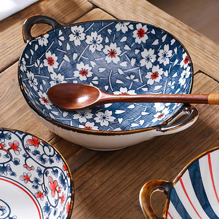 Farmhouse Oriental Style Irregular Shaped Ceramic Bowls With Handles ...