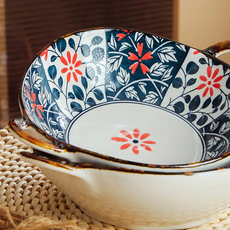 Farmhouse Oriental Style Irregular Shaped Ceramic Bowls With Handles ...
